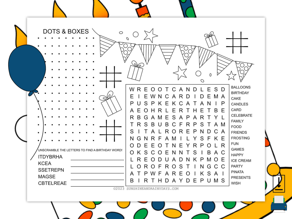 Birthday Activity Sheet (PDF) – Sunshine And Rainy Days