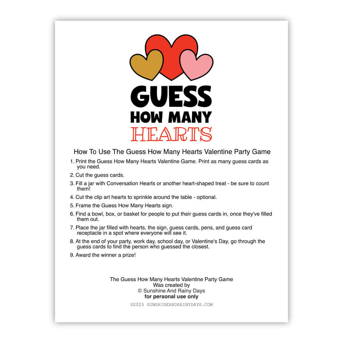 Guess How Many Hearts Valentine Party Game (PDF) – Sunshine And Rainy Days