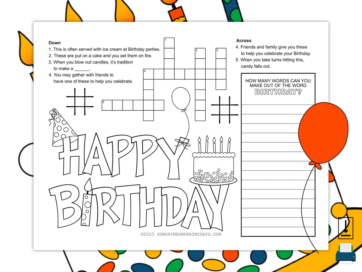 Birthday Activity Sheet (PDF) – Sunshine And Rainy Days