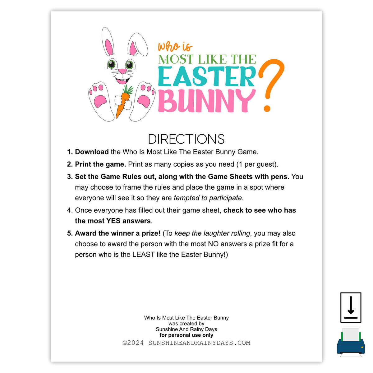Who Is Most Like The Easter Bunny Game Sheets (PDF) – Sunshine And ...