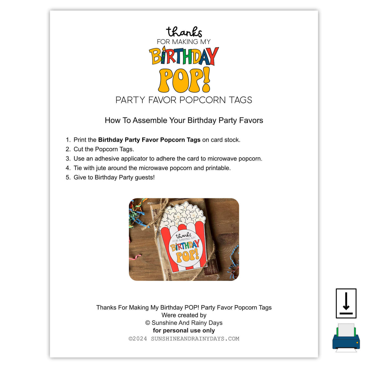 Thanks For Making My Birthday POP! Party Favor Popcorn Tag (PDF ...