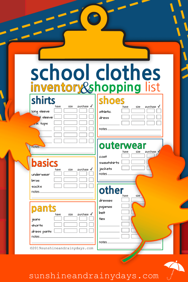 School Clothes Inventory And Shopping List (PDF) – Sunshine And Rainy Days