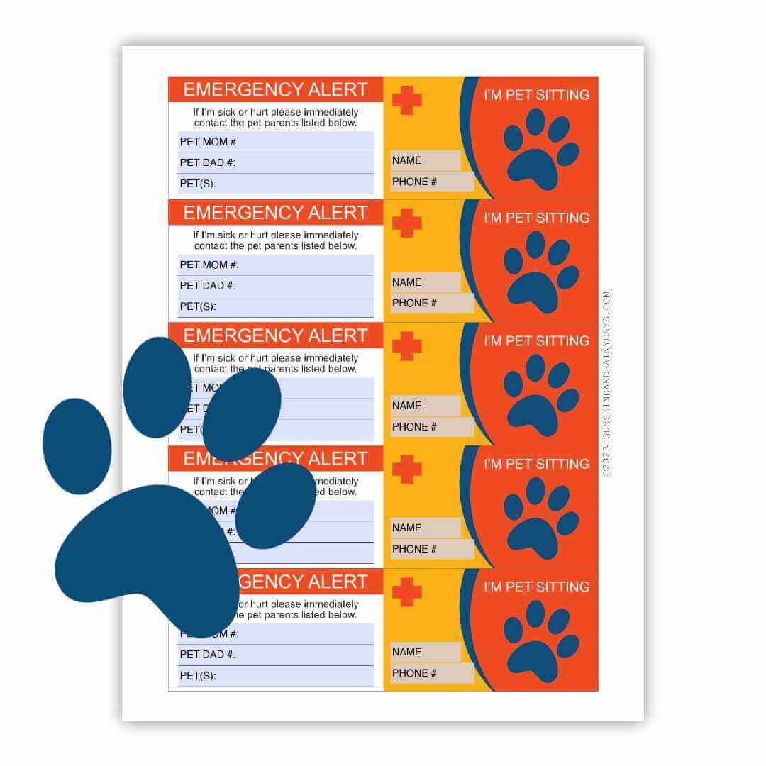 Fillable I'm Pet Sitting Emergency Alert Cards (PDF) – Sunshine And ...