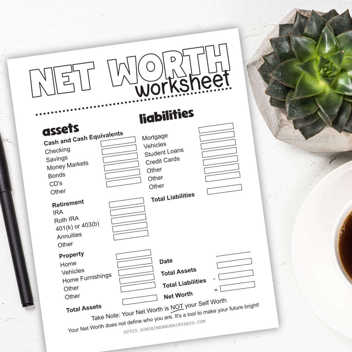 Net Worth Worksheet (PDF) – Sunshine And Rainy Days