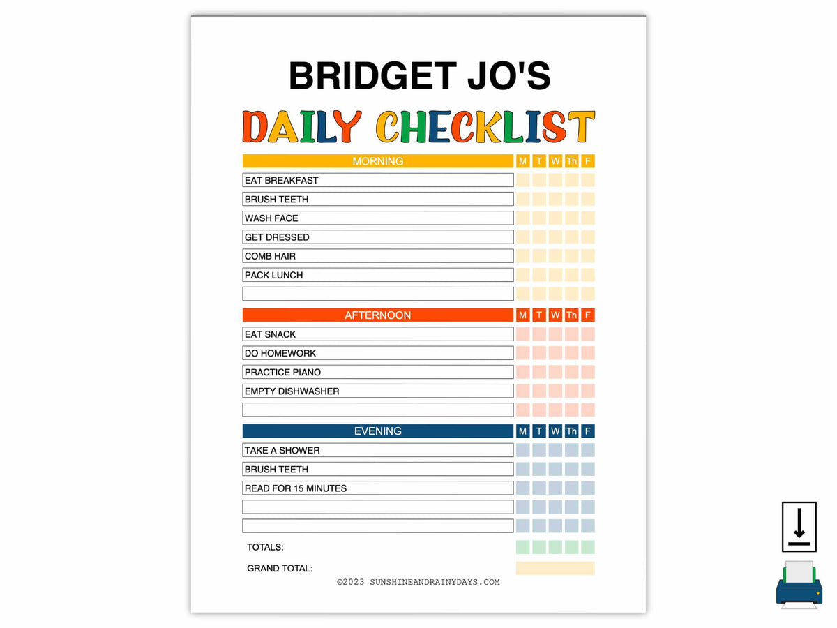 Personalized Daily Back-To-School Checklist (PDF) – Sunshine And Rainy Days