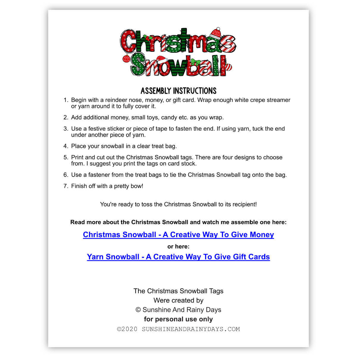 Christmas Snowball Tags (PDF) – Sunshine And Rainy Days