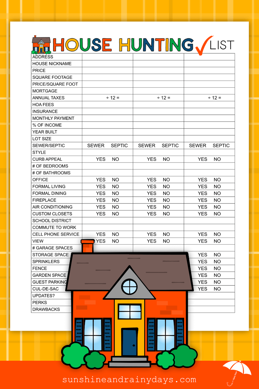 House Hunting Checklist (PDF) – Sunshine And Rainy Days
