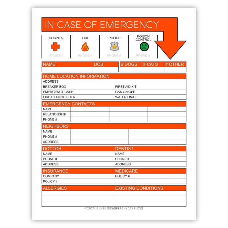 In Case Of Emergency Information Sheet (PDF) – Sunshine And Rainy Days