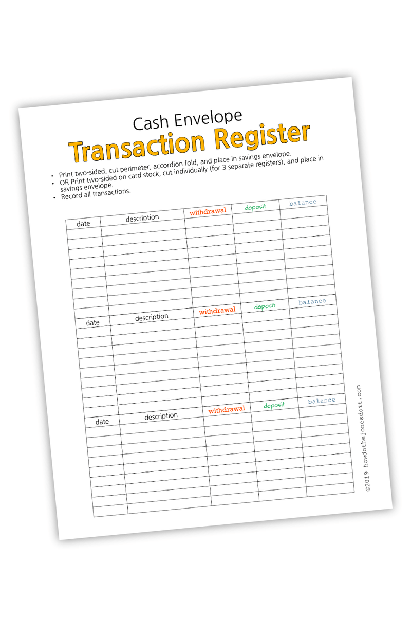 Transaction Register For Cash Envelopes (PDF) – Sunshine And Rainy Days